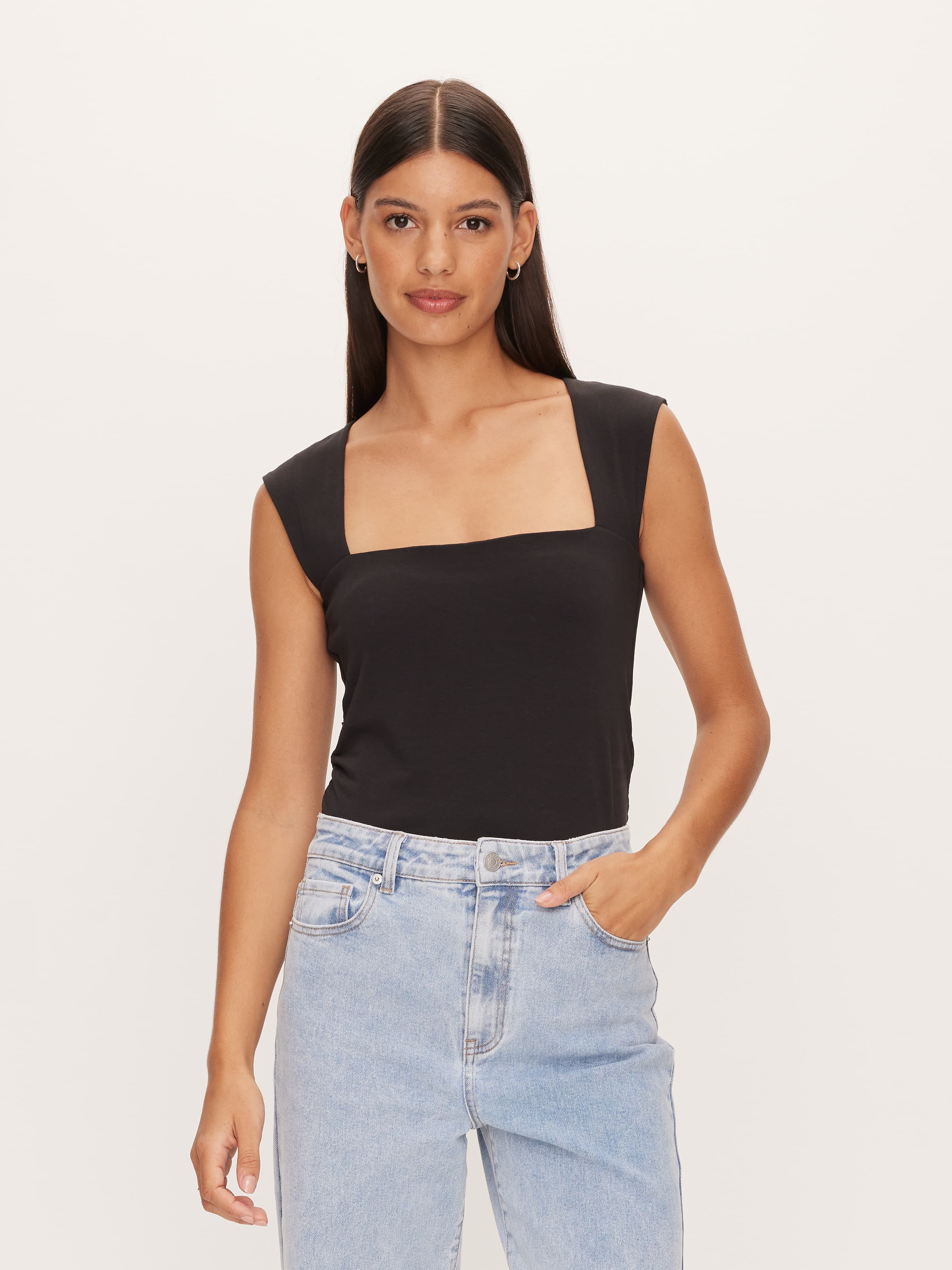 Ollie Open Neck Ruched Top Black - Dotti Online