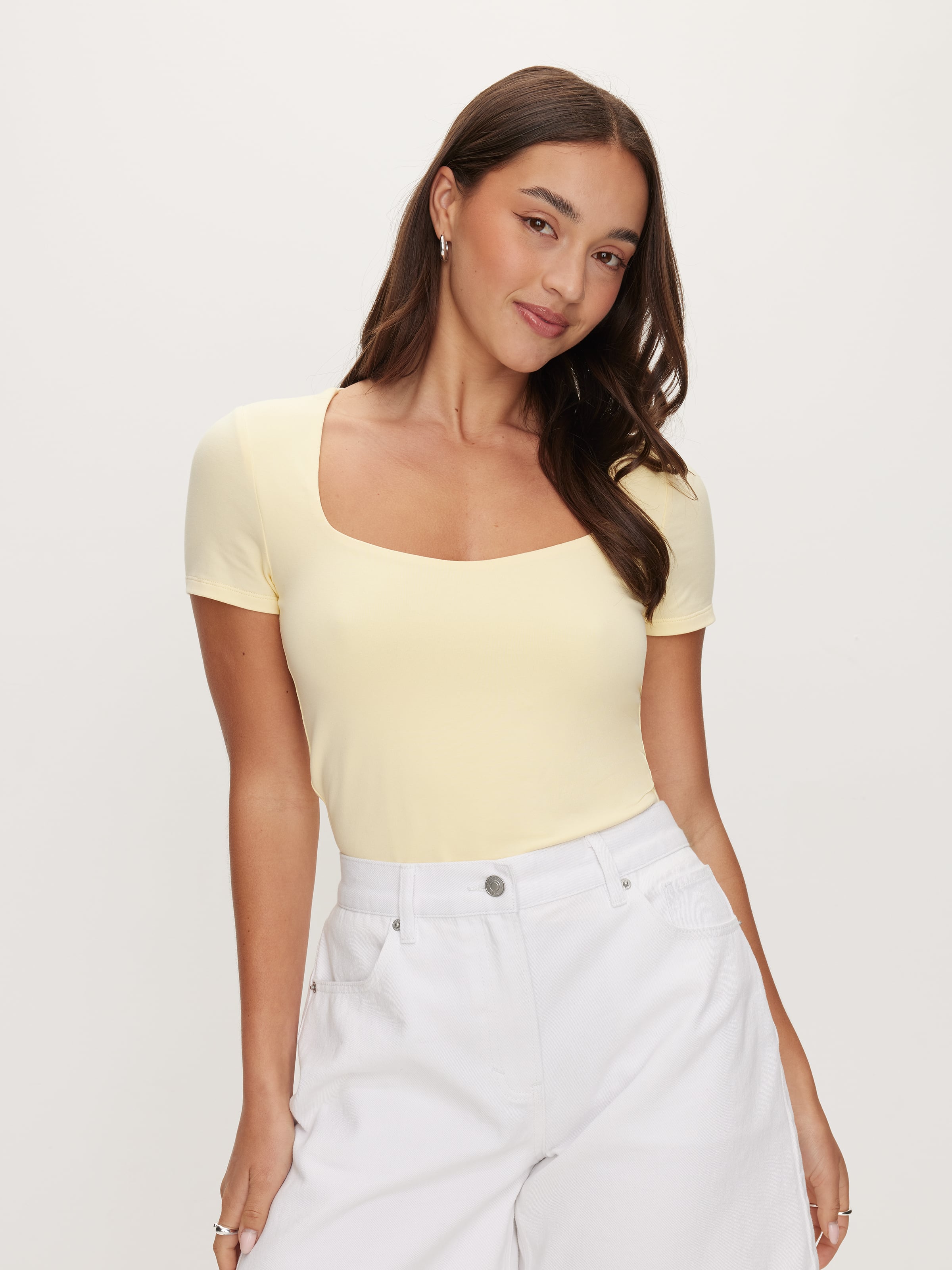 Square V-Neck Short Sleeve Tee Soft Yellow - Dotti Online
