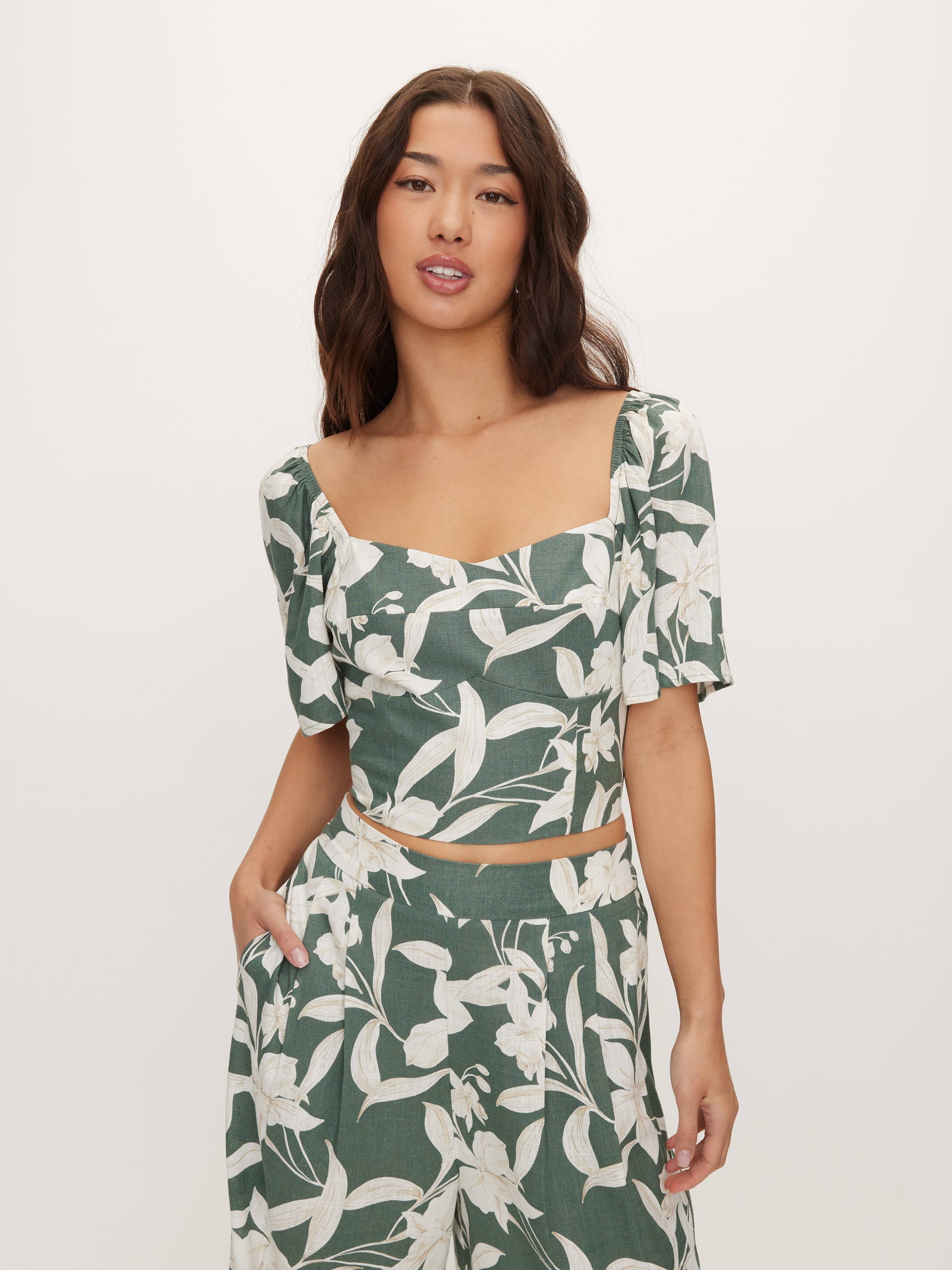 Faye Flutter Sleeve Top Forest Green Lilies - Dotti Online