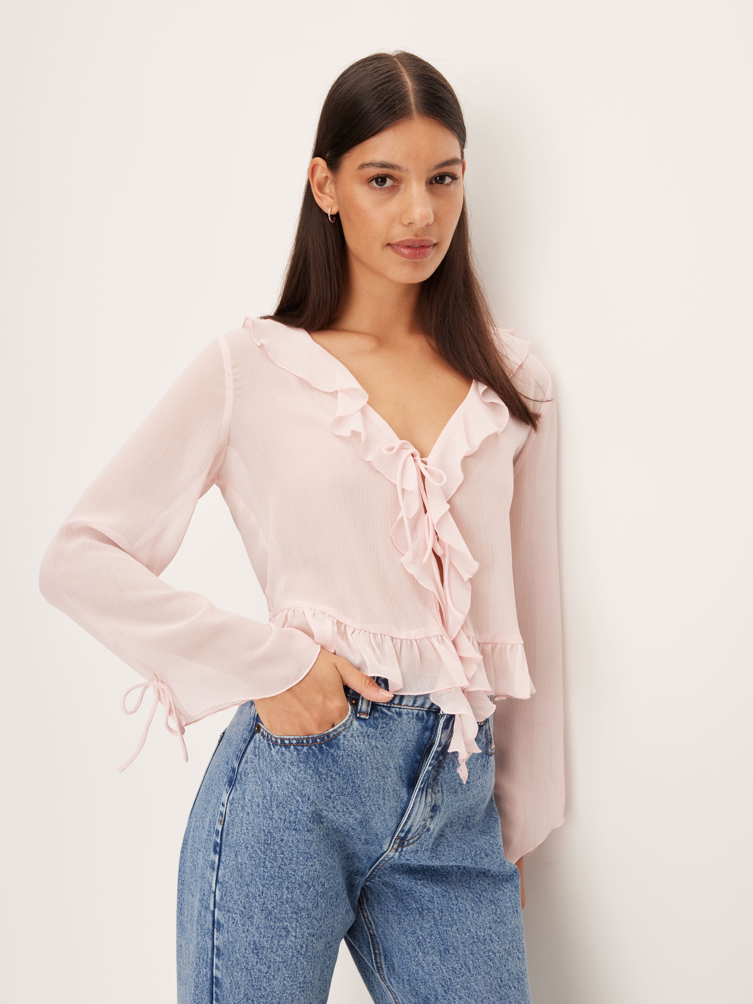 Kate Ruffle Long Sleeve Top Ballet Pink - Dotti Online