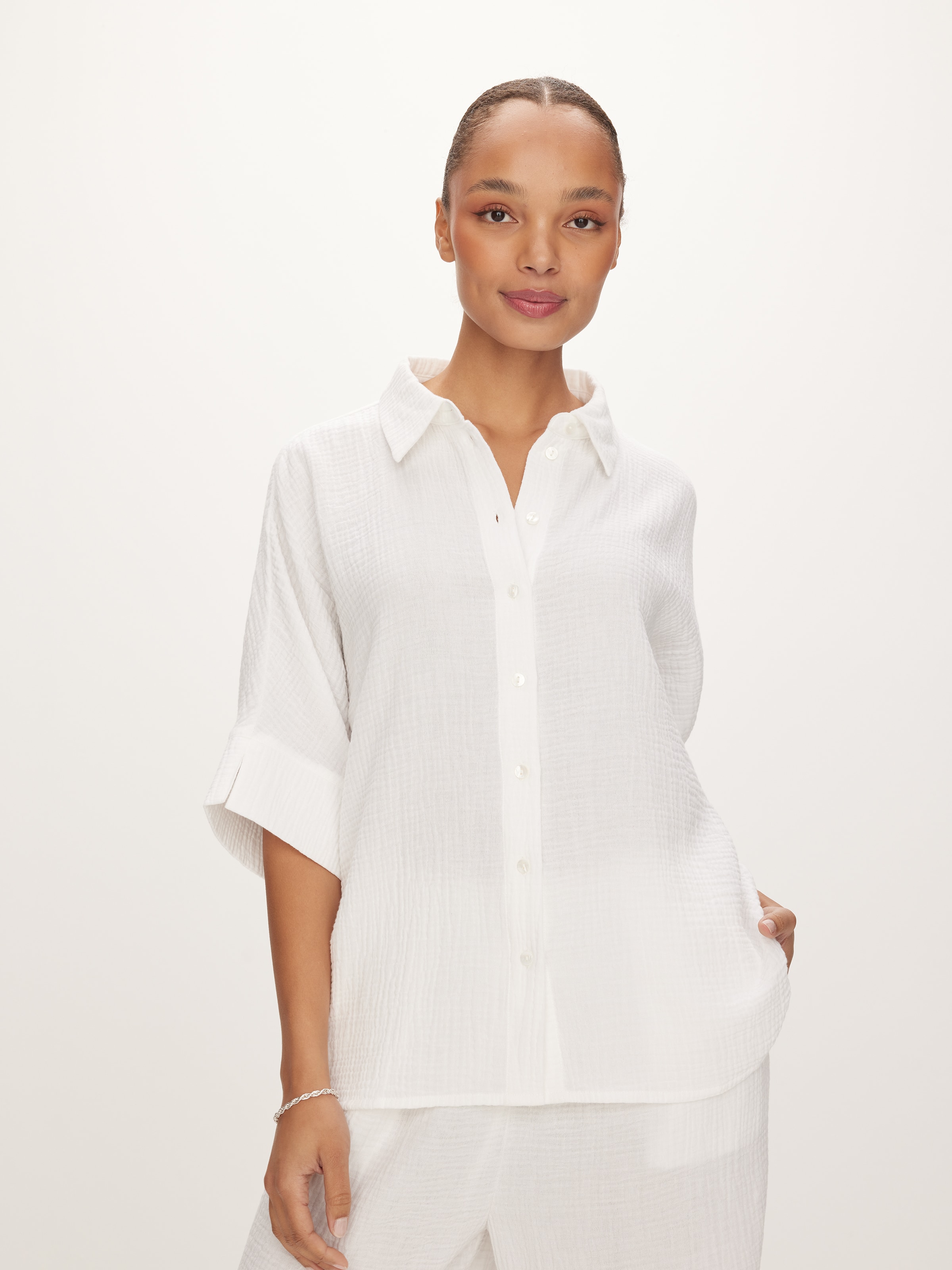 Megan Short Sleeve Waffle Shirt White - Dotti Online