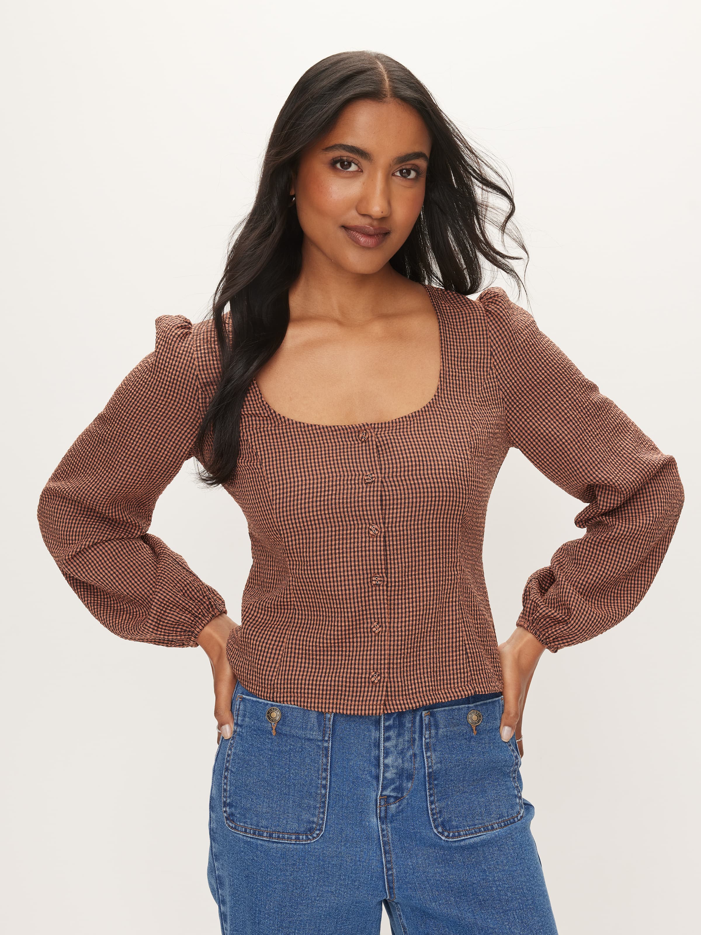 Jade Long Sleeve Sweetheart Top Mini Check - Dotti Online