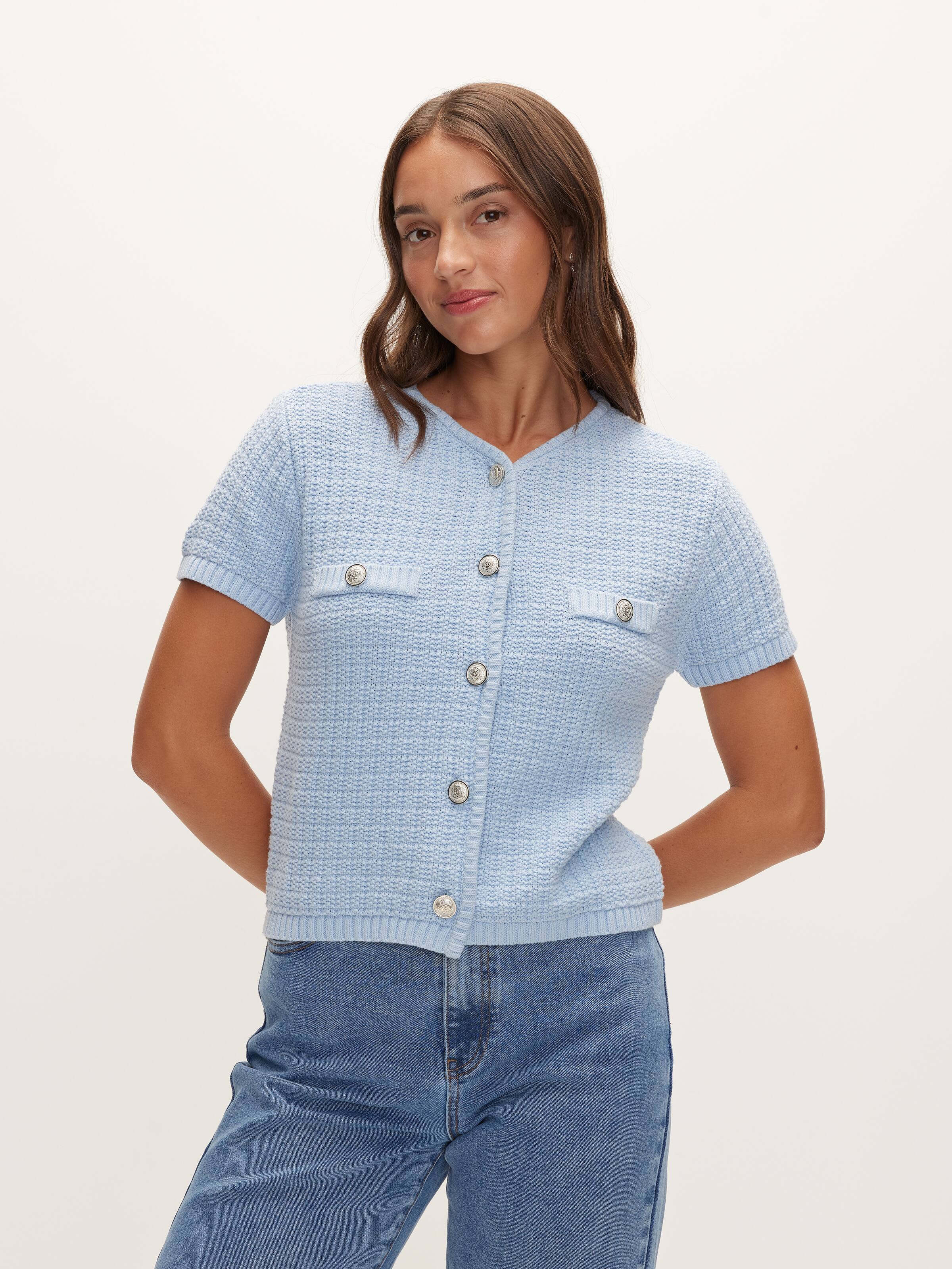 Cammie Short Sleeve Cable Cardi Ice Blue - Dotti Online
