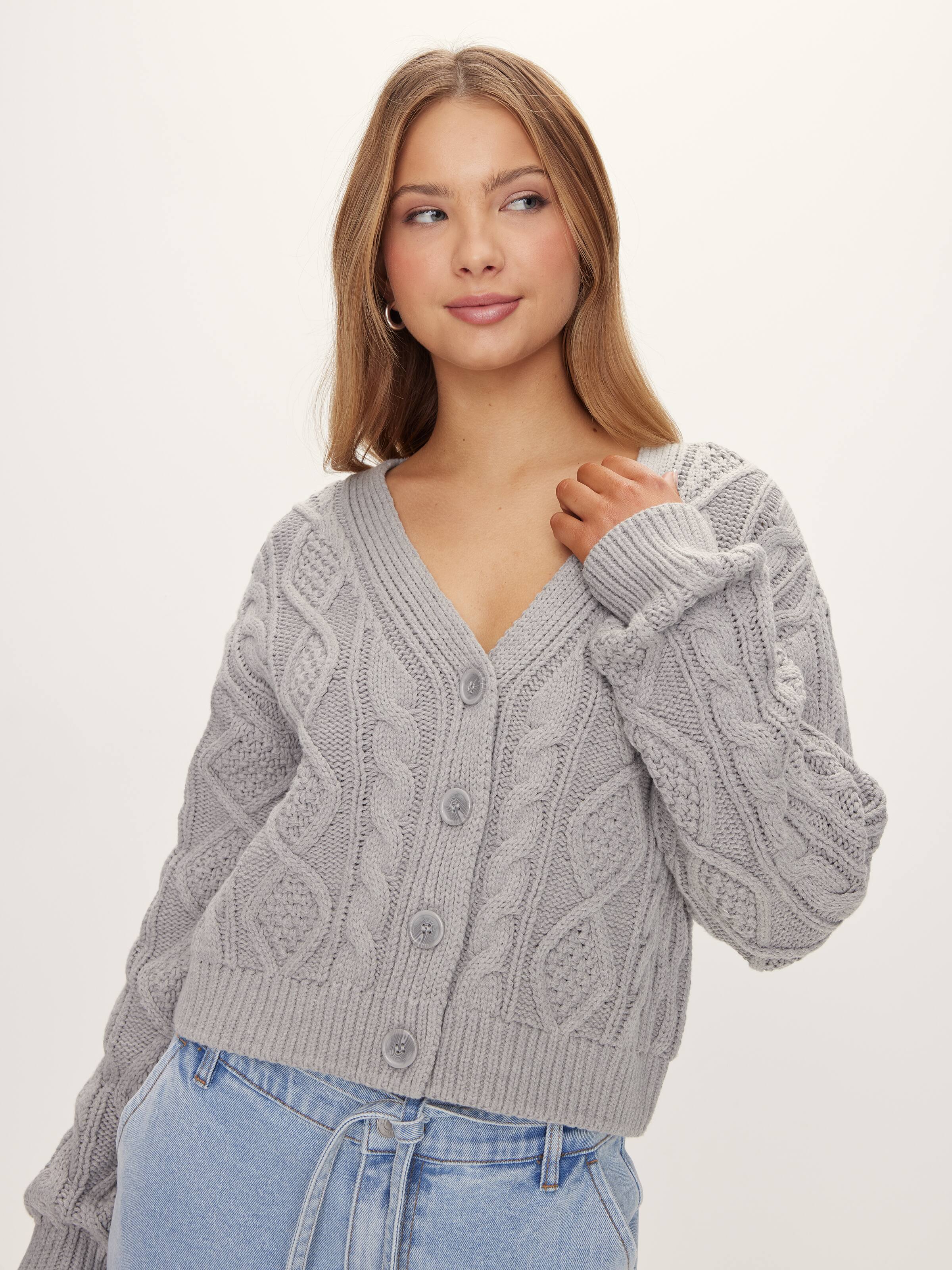 Chrissy Crop Cable Cardigan Grey - Dotti Online