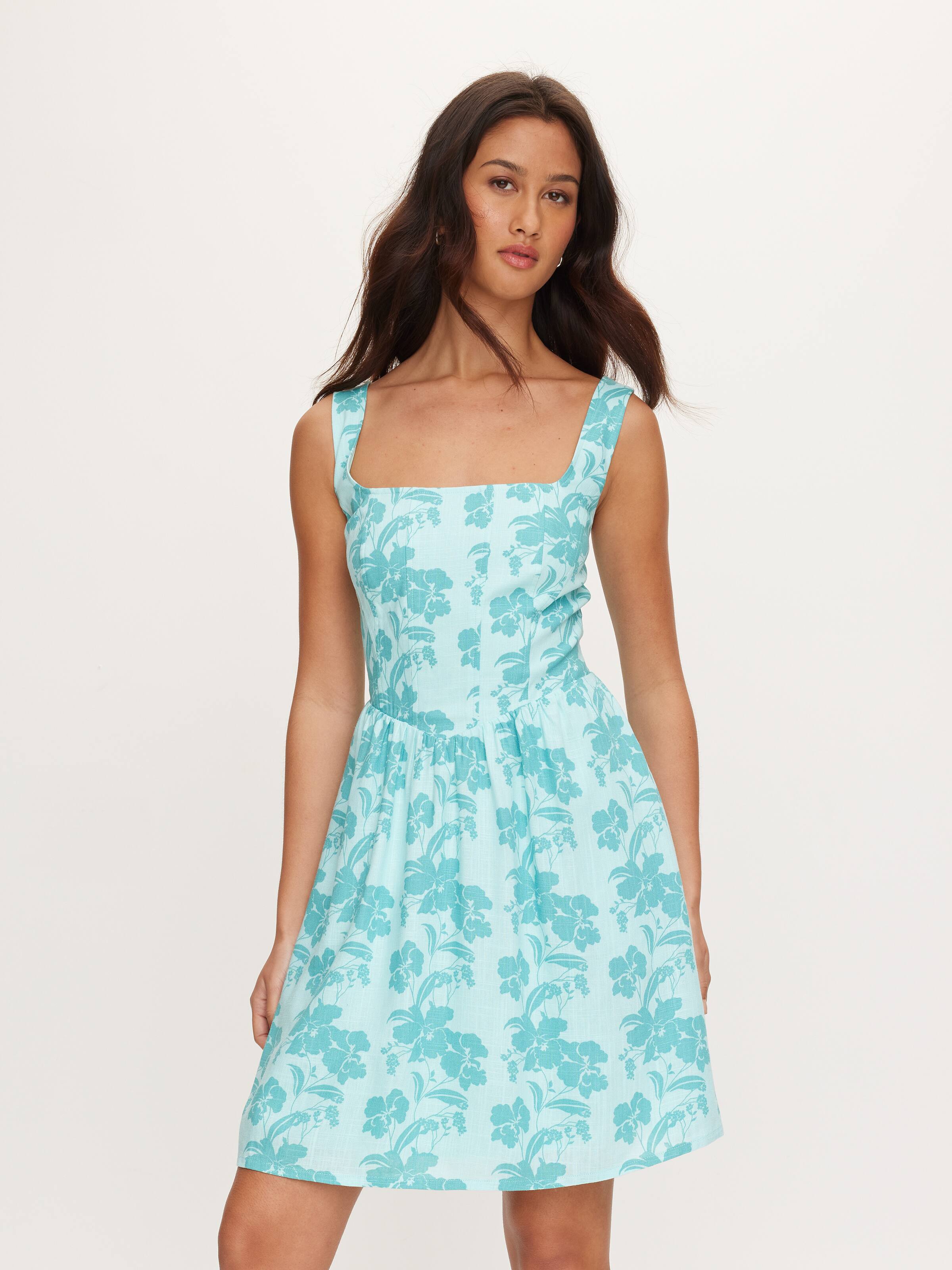 Bella Skater Mini Dress Teal Mono Floral - Dotti Online