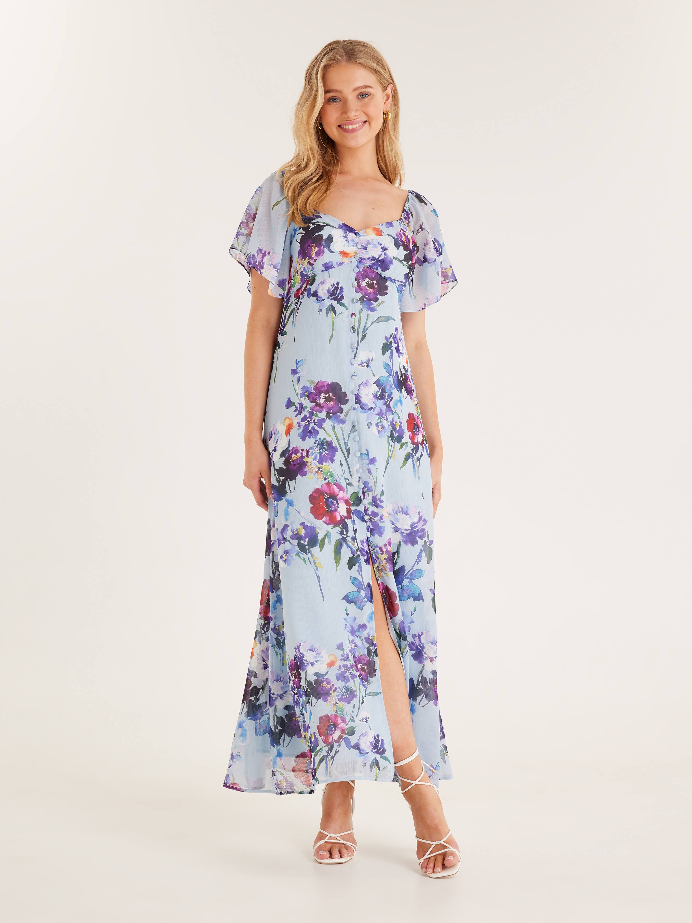 Midsummer Romance Midi Dress Blue Watercolour Bouquet - Dotti Online