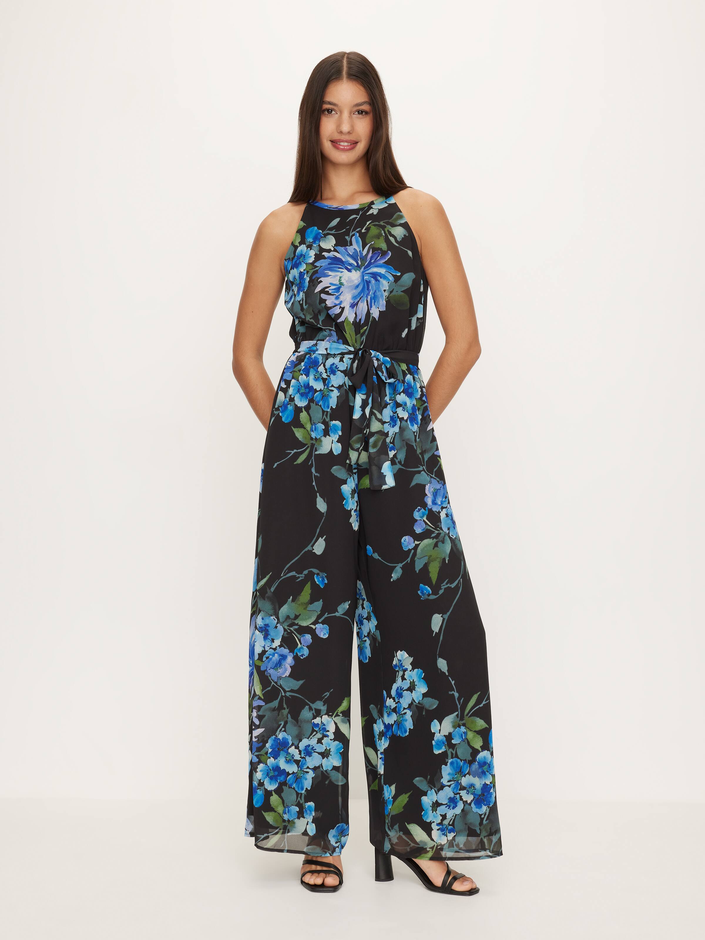 Cutaway Halter Jumpsuit Black Base Floral - Dotti Online